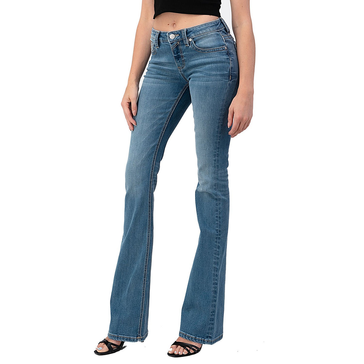 Sailey - Womens Fly Stitch Mix Embroidered Pocket Mid Rise Bootcut Jea ...